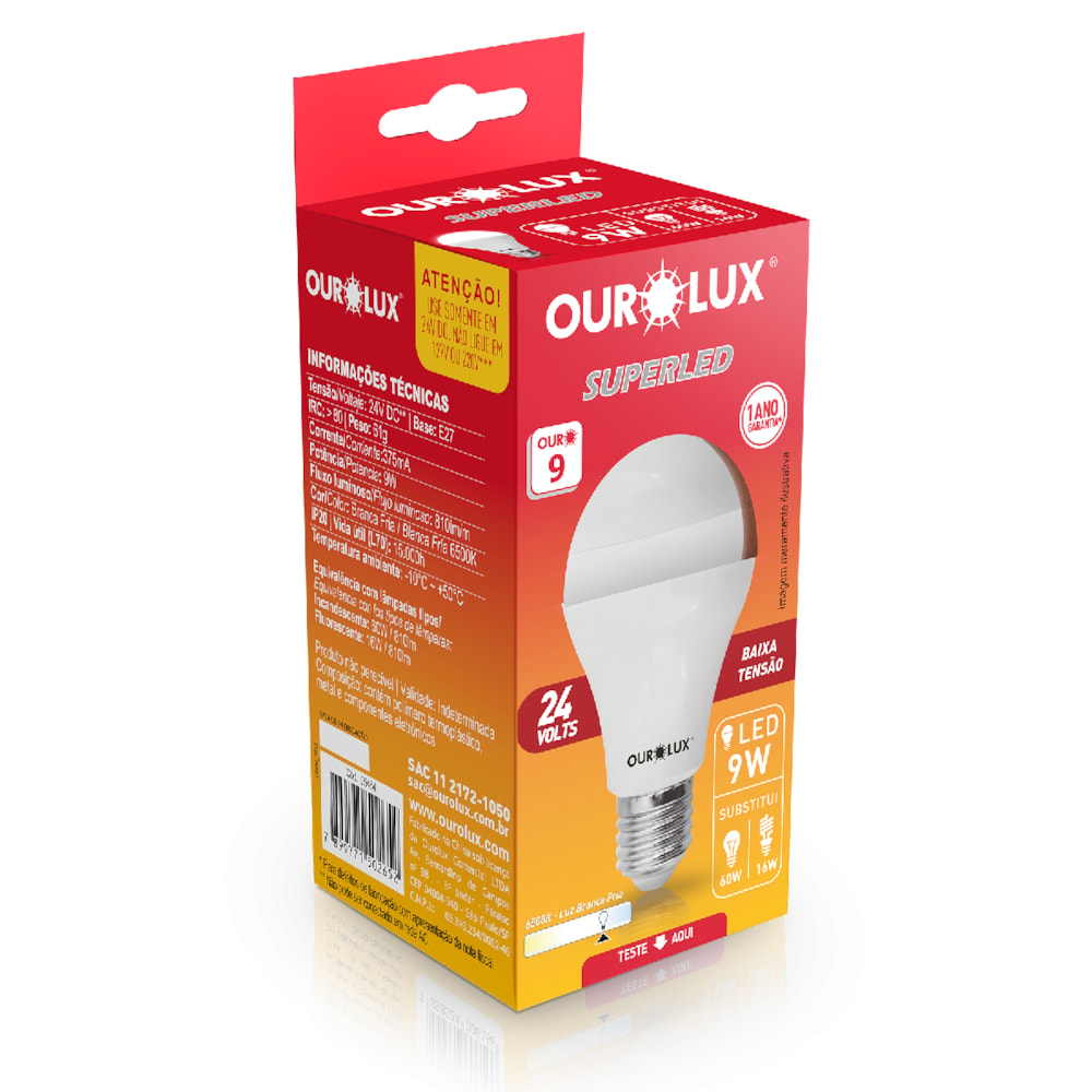 Lampada Led 9W Bulbo A60 E27 6500K 24 VOLTS OUROLUX - Loja Agrometal