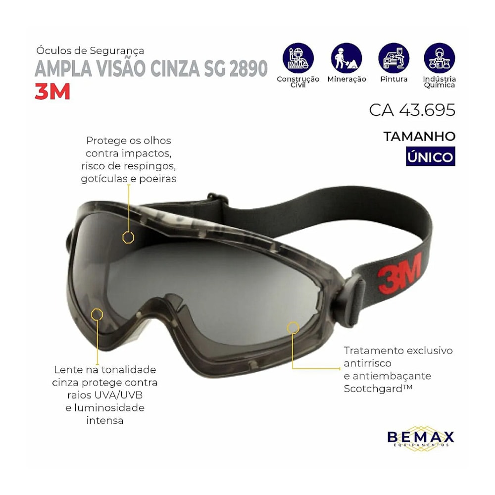 Óculos de Ampla Visão 3M SG 2890 Cinza - Loja Agrometal