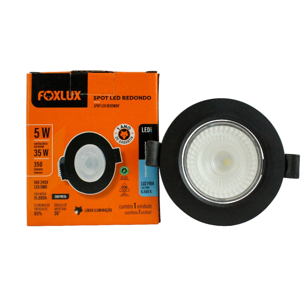 Spot embutir redondo led 5W 6500 preto foxlux - Loja Agrometal