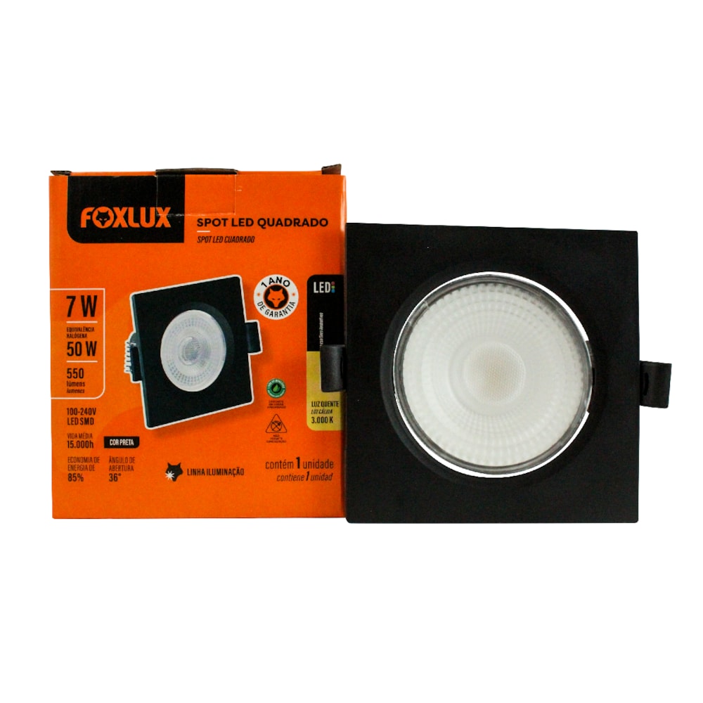 Spot embutir redondo led 7W 3000k preto foxlux - Loja Agrometal